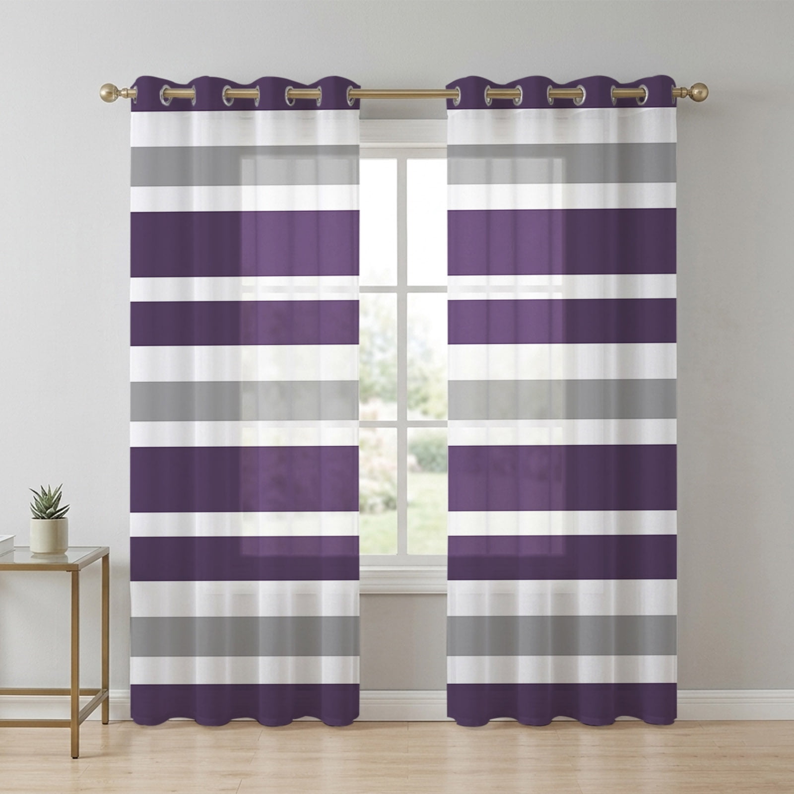 Dark Purple Sheer Curtains 84 Inch Long 2 Panels, Gray White Stripe ...