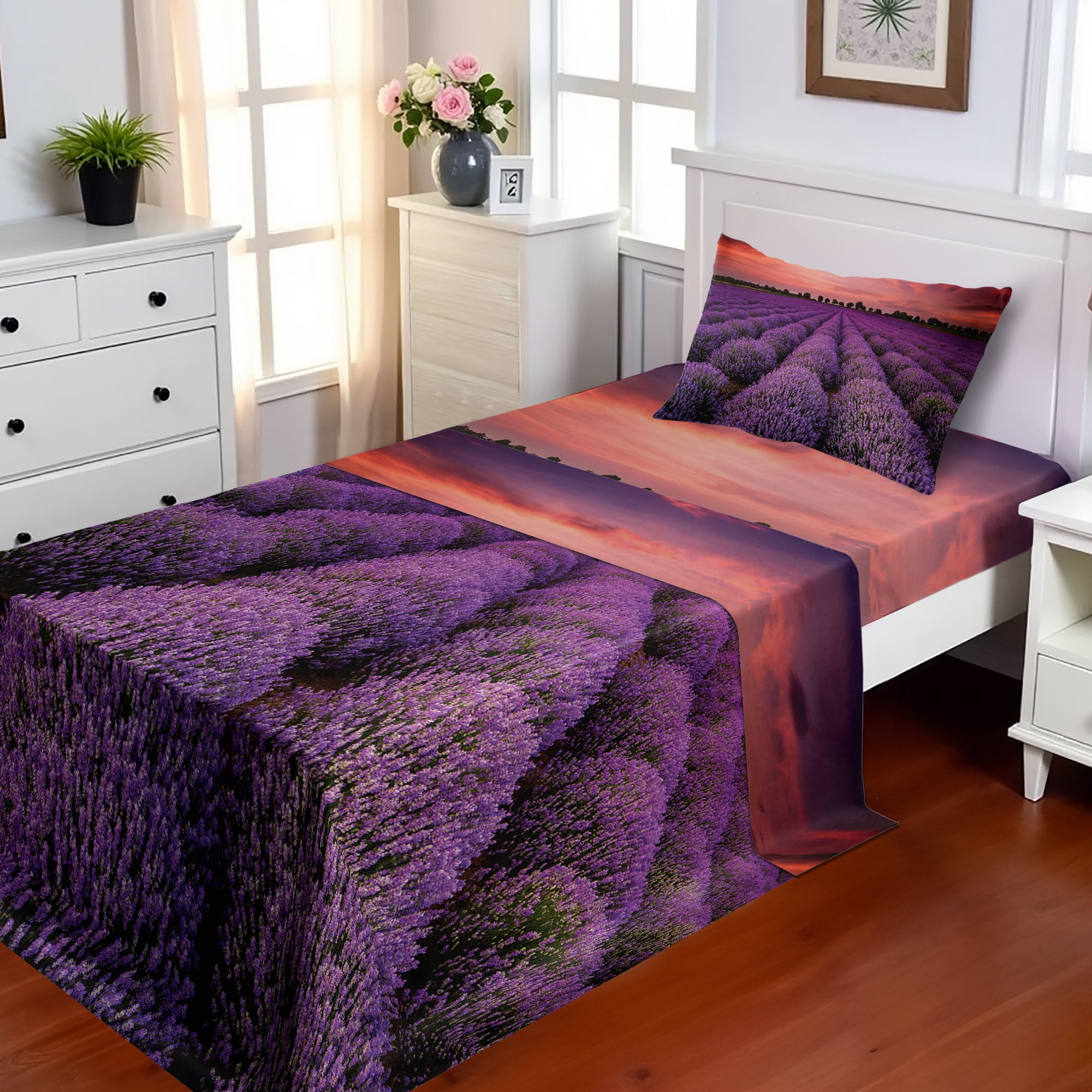 Dark Purple Sheet Set, Lavender Field Photo Burnt Sienna Toned Sunset ...