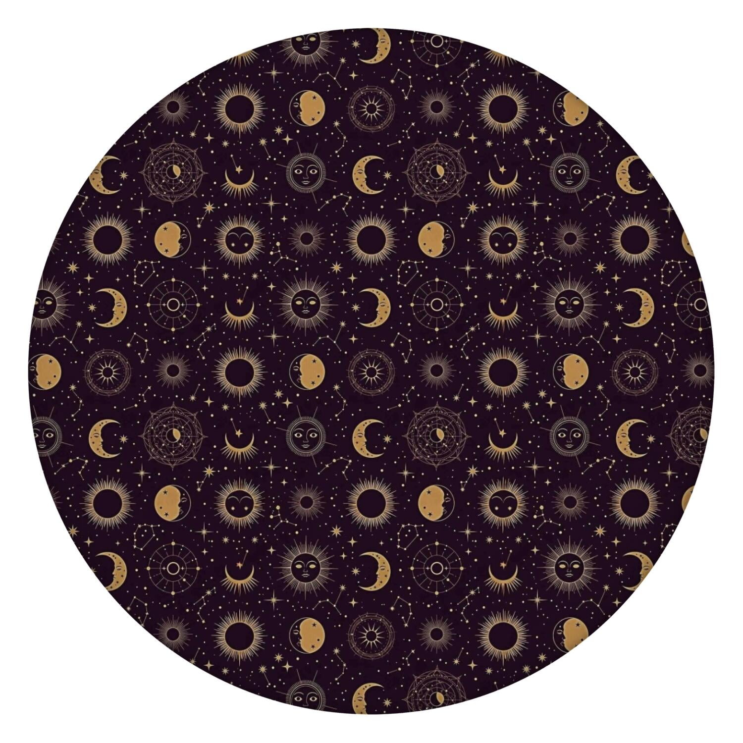 Dark Purple Sun Moon Star Pattern Round Fitted Tablecloth with Elastic ...