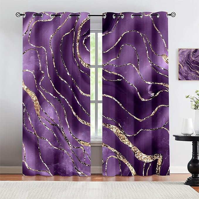 Dark Purple Texture Curtains, Abstract Geometric Design Gold Plated ...