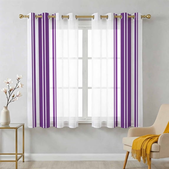 Dark Purple and White Striped Sheer Curtains 45 Inch Long 2 Panels ...