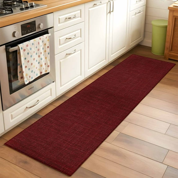 Dark Red 2x6 Kitchen Runner Rug, Farmhouse Burlap Solid Red Color ...