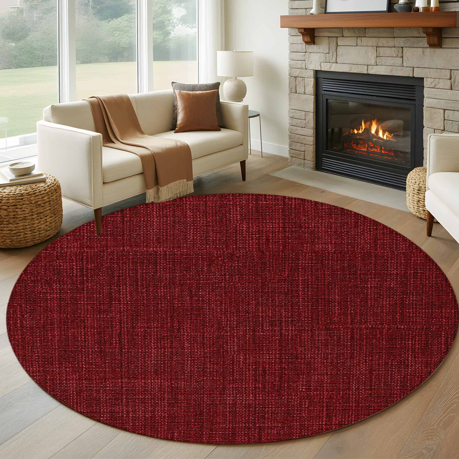 Dark Red 8ft Round Rug, Farmhouse Burlap Solid Red Color Modern Linen ...
