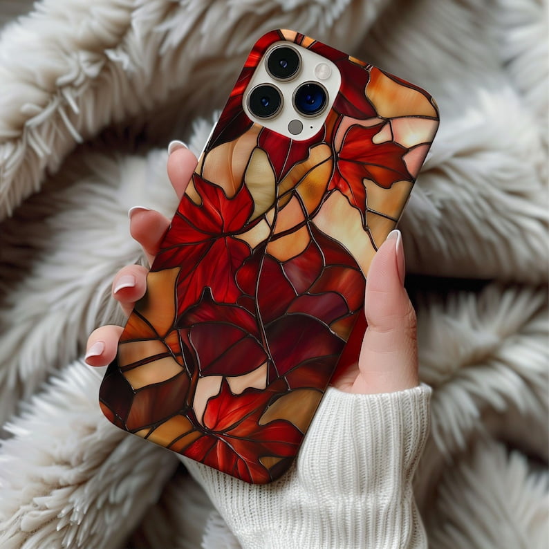 Dark Red Autumn Leaf Stained Glass Phone Case Compatible with iPhone 11 ...
