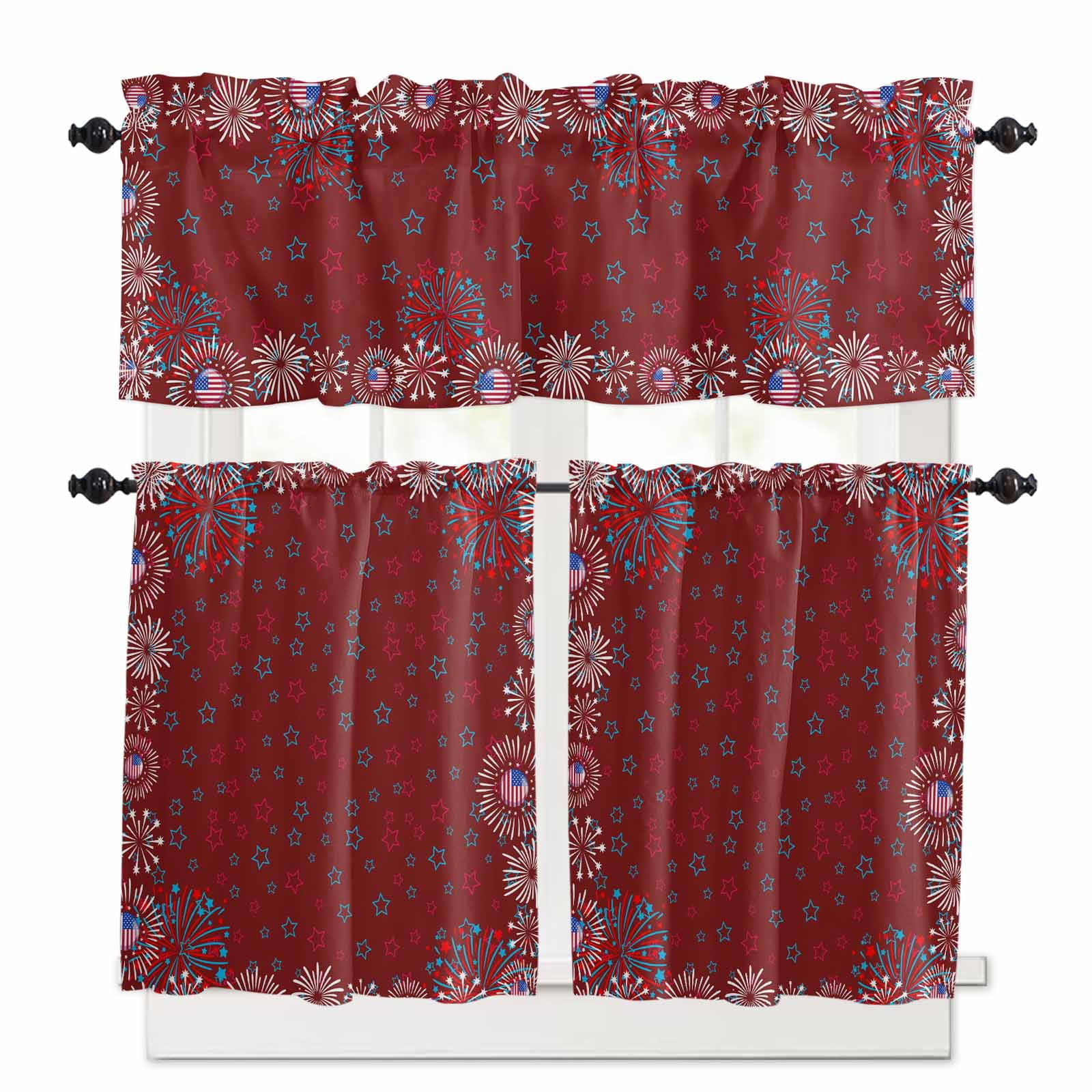 Dark Red Blue Stars Kitchen Curtains Valances and Tiers Independence ...