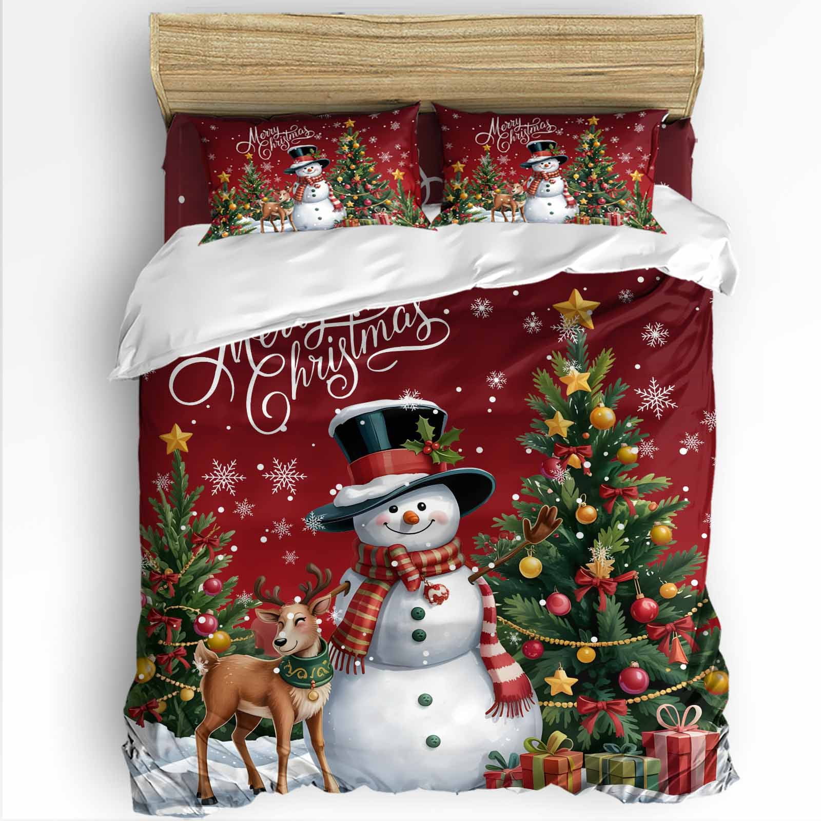 Dark Red Christmas Full Size Comforter Set, Xmas Snowman Tree Elk ...