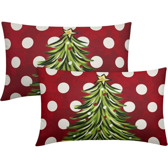 Dark Red Christmas Lumbar Pillow Covers 12x20 Inch Set of 2 Xmas Tree ...