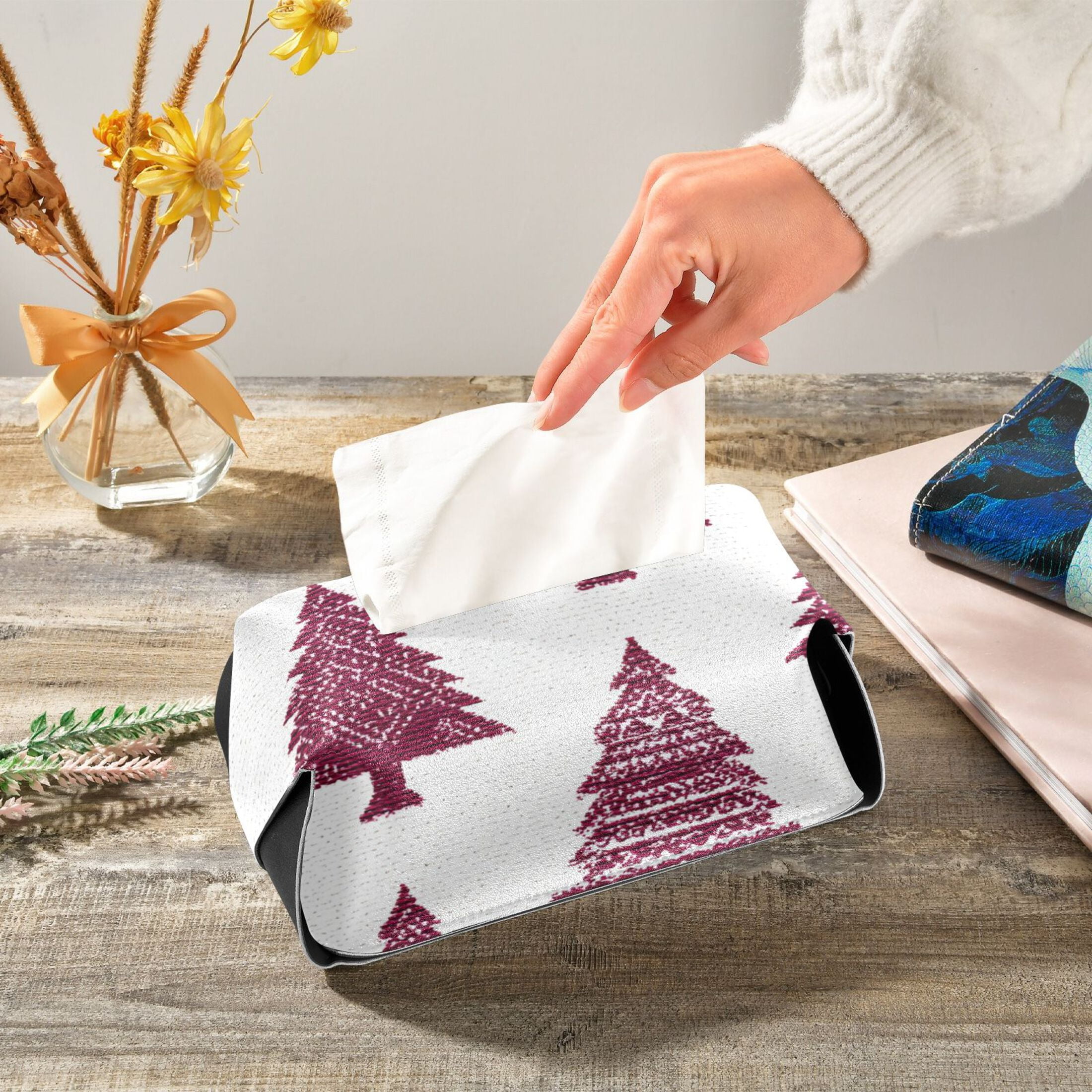 Dark Red Christmas Trees Leather Tissue Box Cover Rectangle Tissue ...