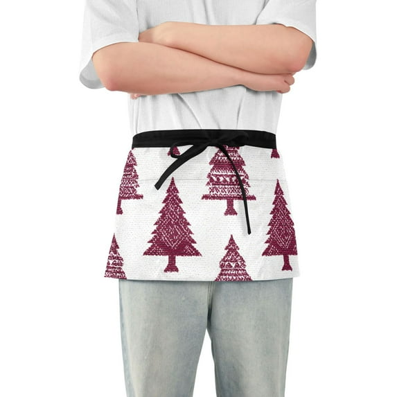 Dark Red Christmas Trees Short Server Apron with 3 Pockets for Unisex ...