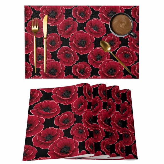 Dark Red Flower Cotton Linen Placemats Set of 12, Black Background ...
