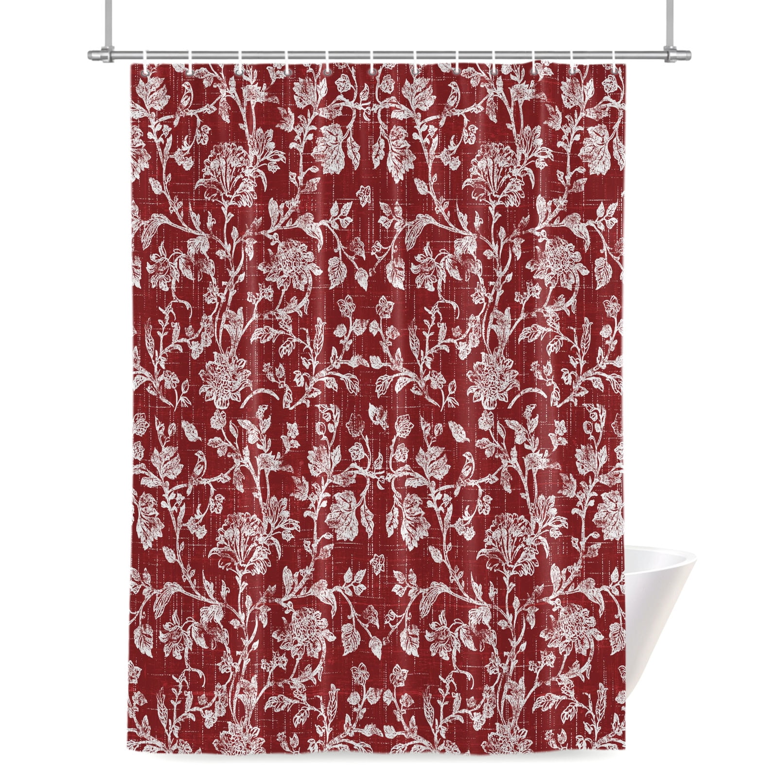 Dark Red Flower Shower Curtains for Bathroom, Pastoral White Plant ...
