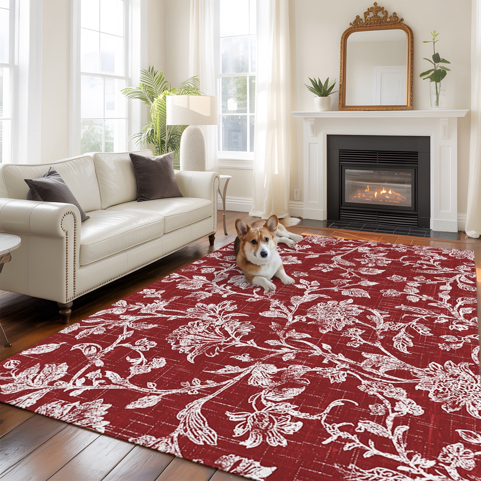 Dark Red Flower Washable Area Rug 5x7 Pastoral White Plant Petal Leaf ...