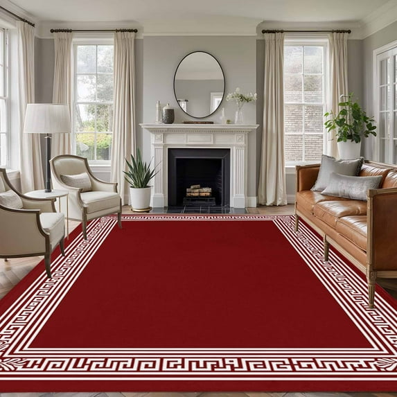 Dark Red Geometric 6x9 Area Rugs, White Greek Key Design Abstract ...