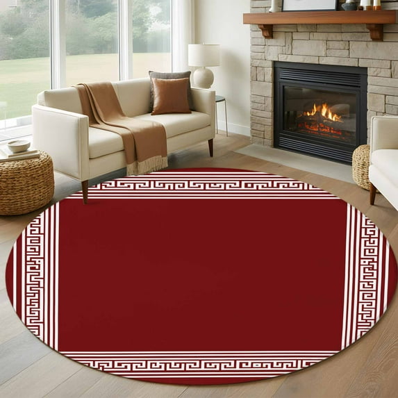 Dark Red Geometric Round Rugs 8ft, White Greek Key Design Abstract ...