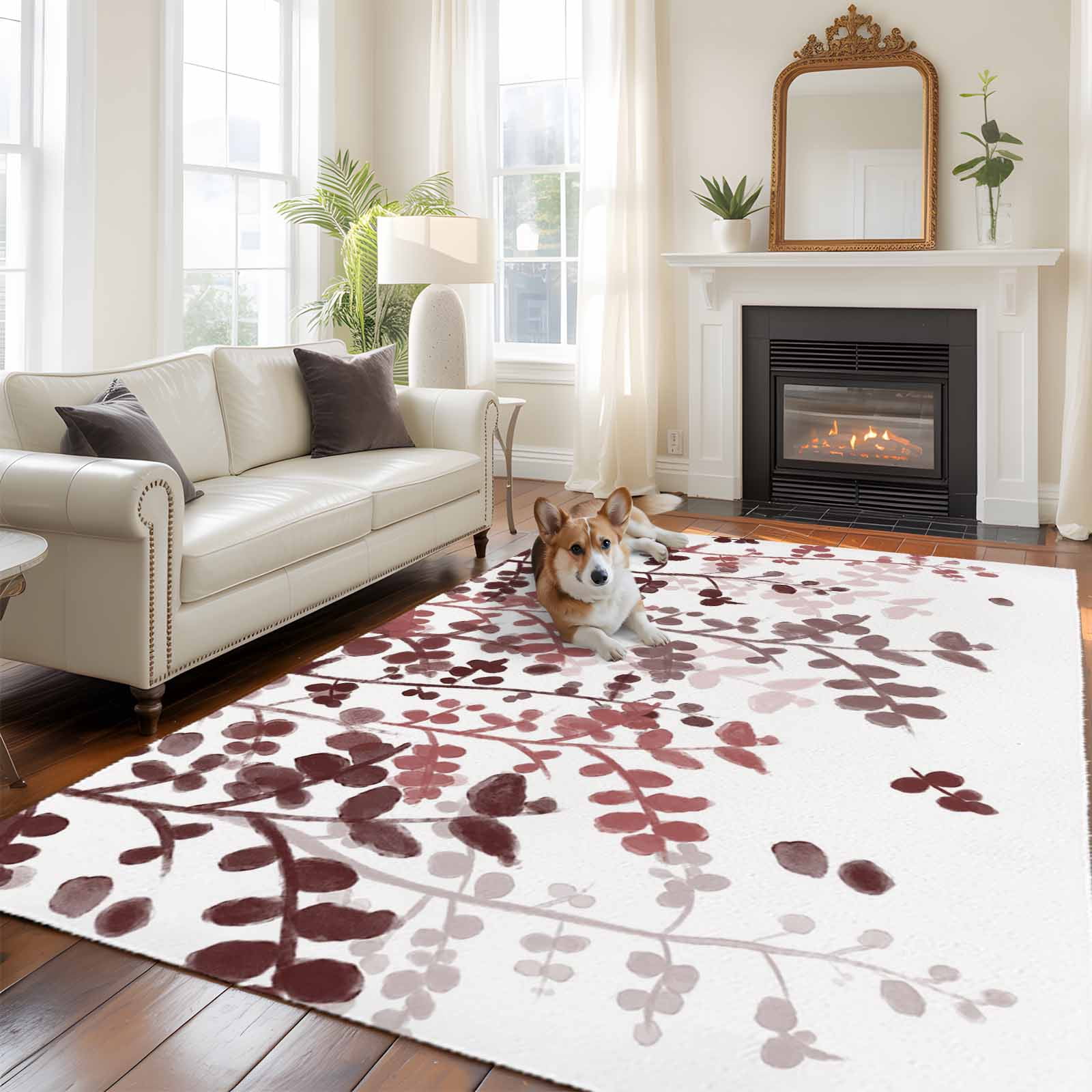 Dark Red Gradient Leaf Area Rugs 5x7 ft Rustic Eucalyptus Leaves Farm ...