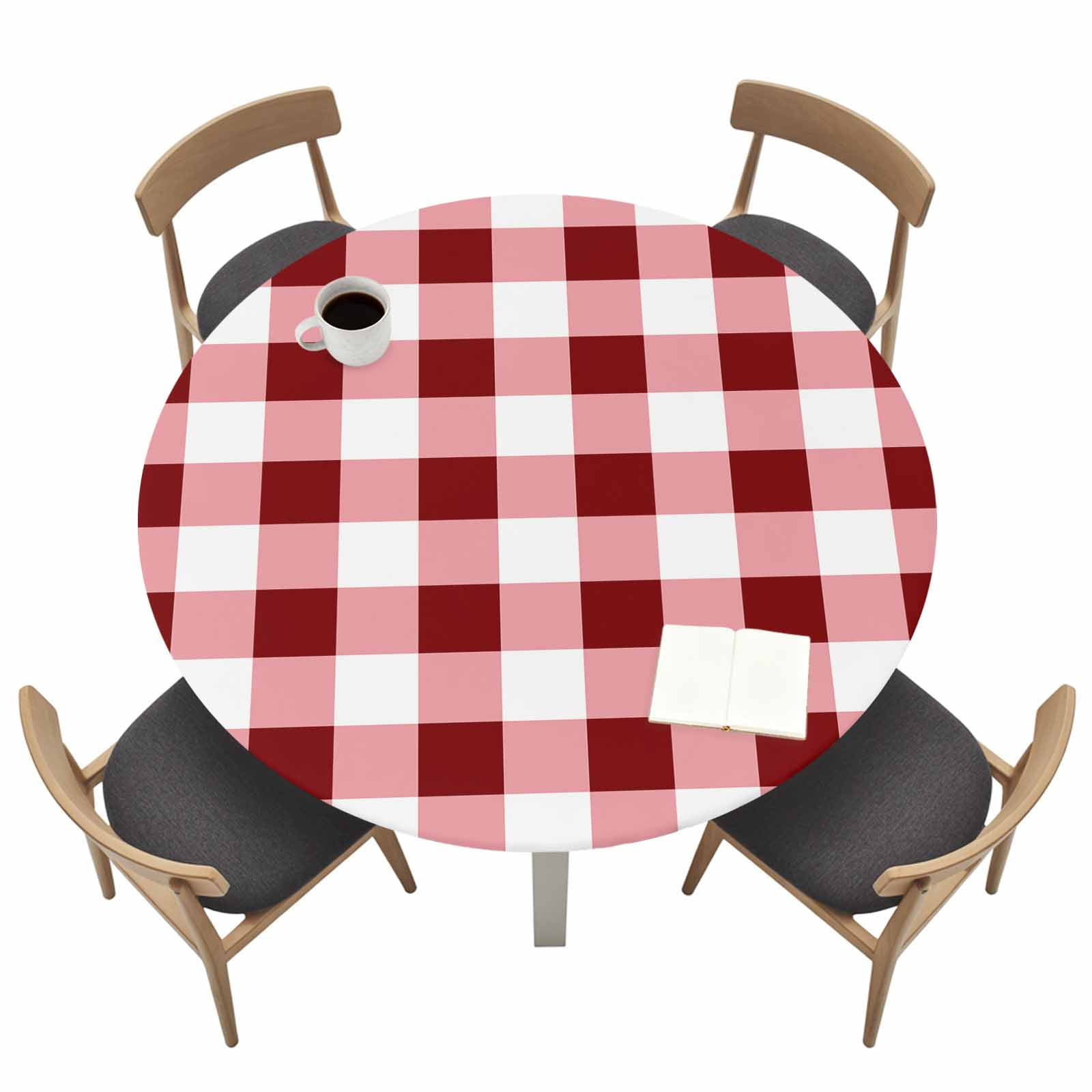 Dark Red Plaid Round Fitted Tablecloth with Elastic Edge Dark Red ...