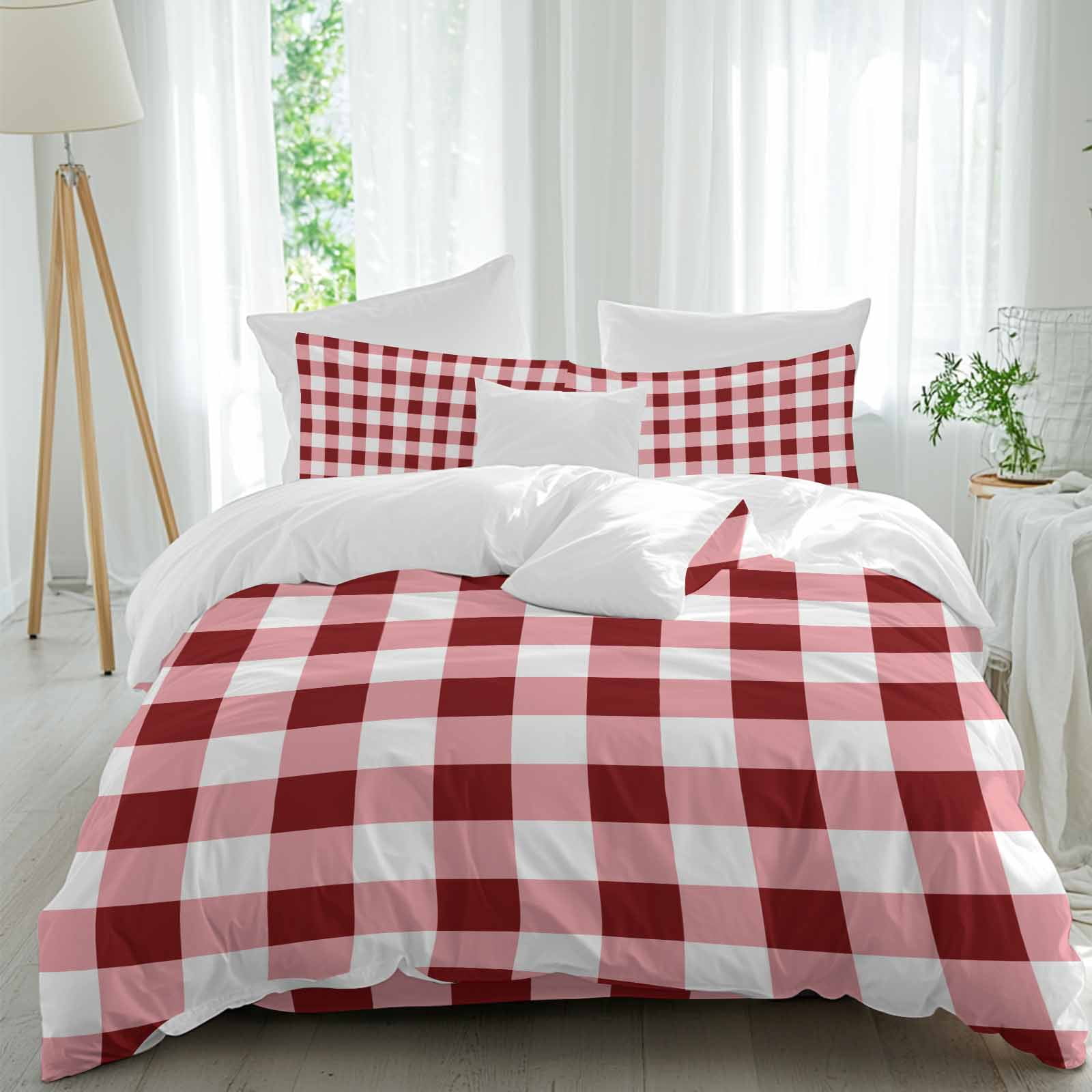 Dark Red Plaid Twin Duvet Cover Set, Dark Red Gradient 4 Piece ...