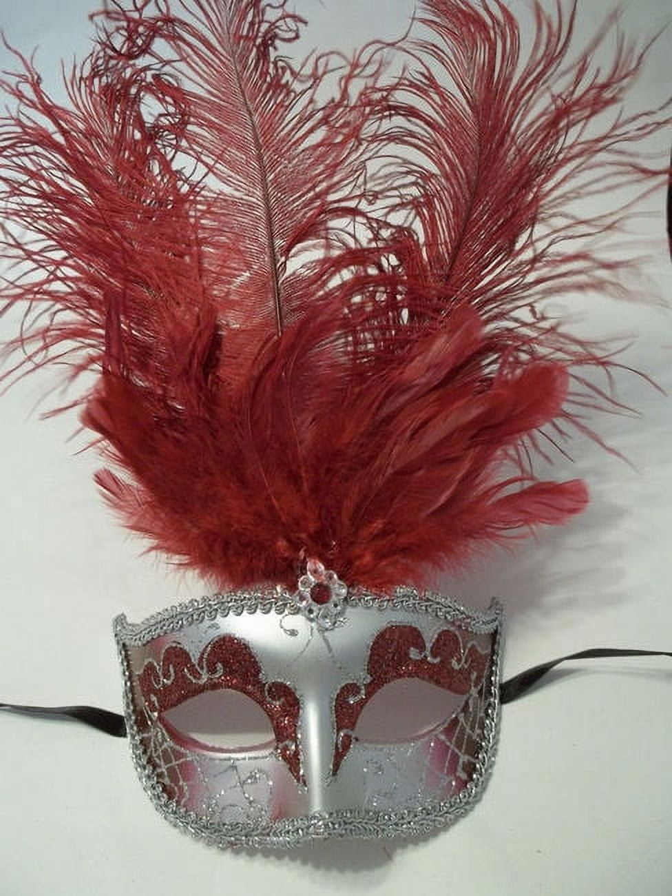 Dark Red Silver Mardi Gras Prom Venetian Feather Mask - Walmart.com