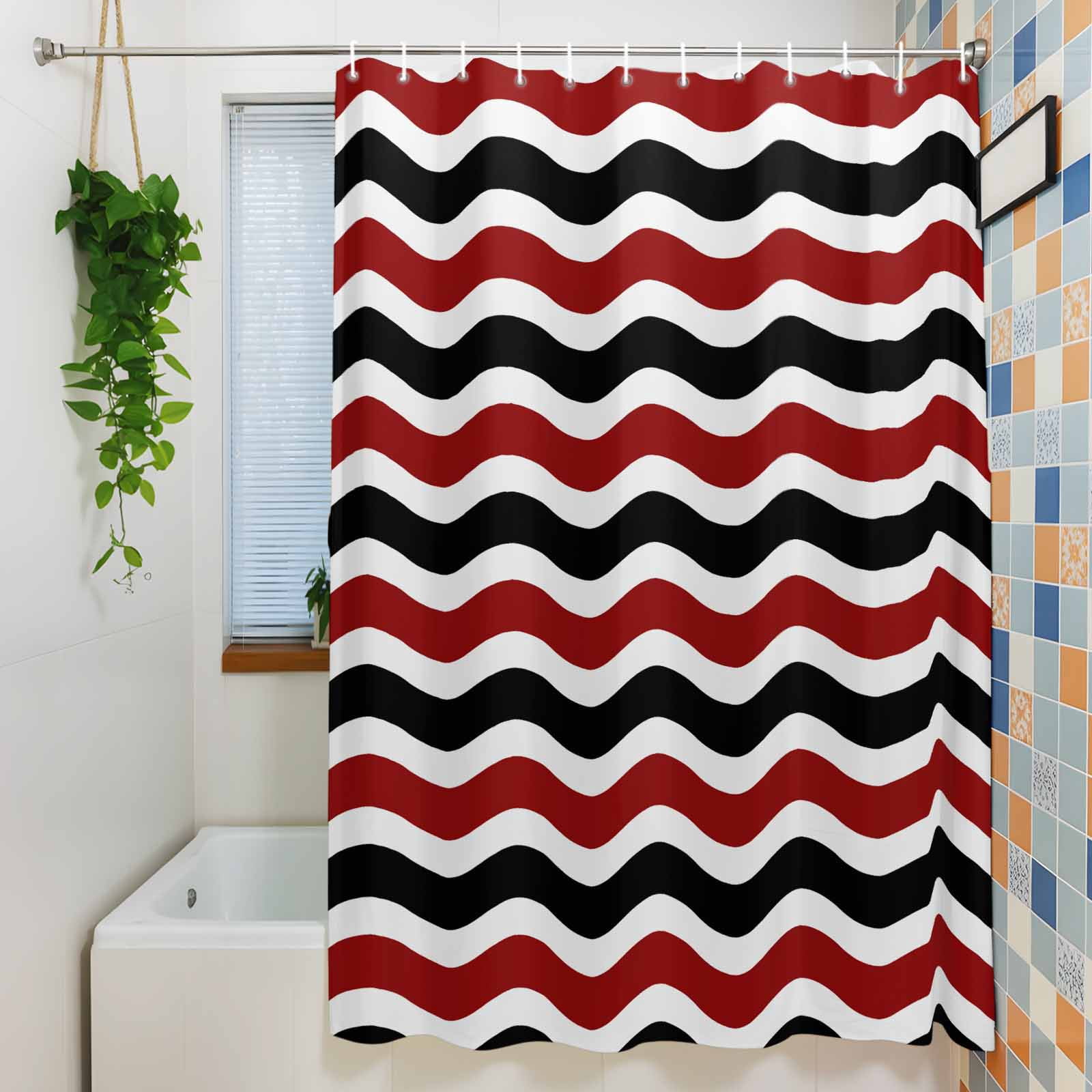 Dark Red Stripes Black Line Shower Curtain for Bathroom, Abstract Water ...
