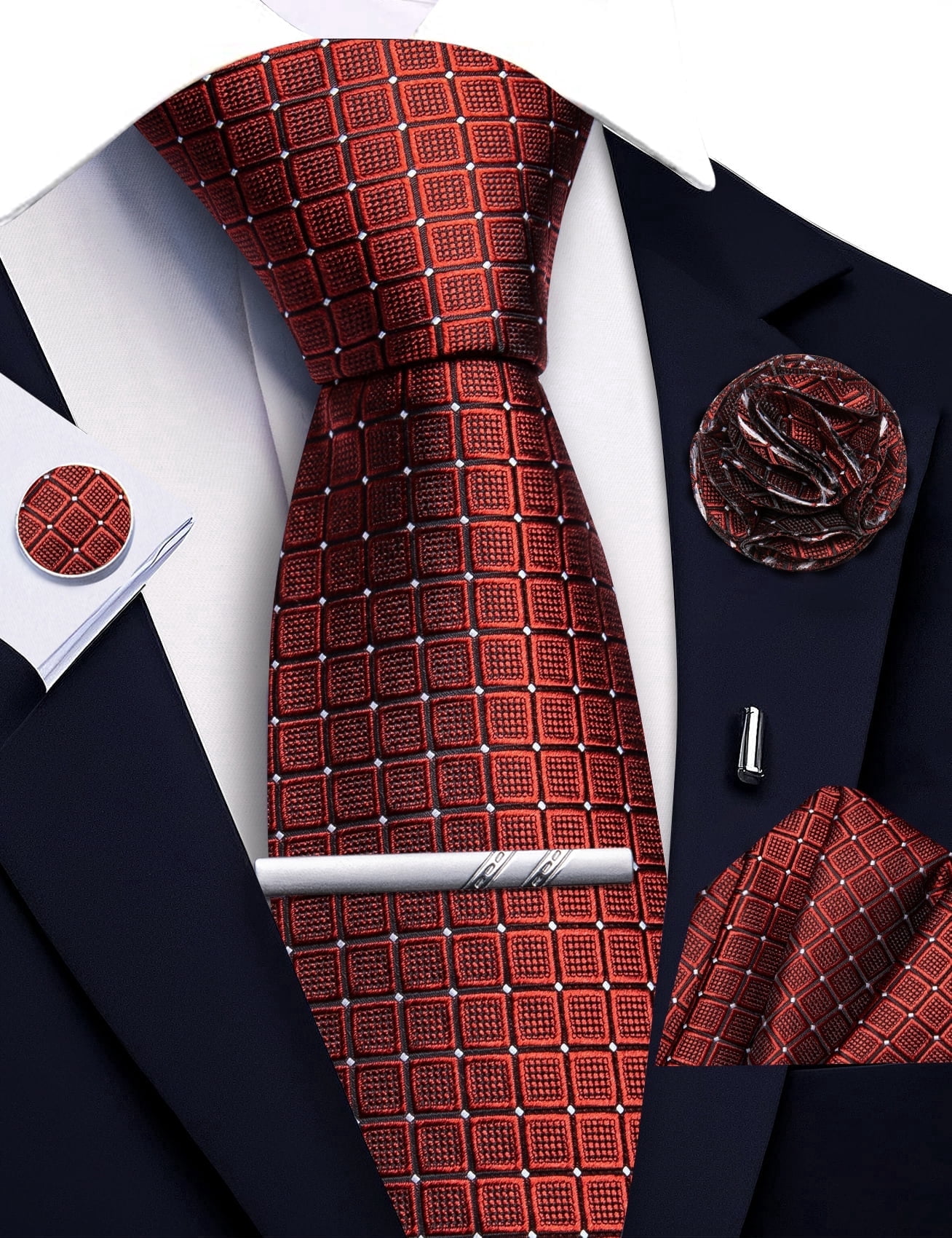Dark Red Ties for Men Plaid Checkered Tie Set Silk Necktie Pocket ...