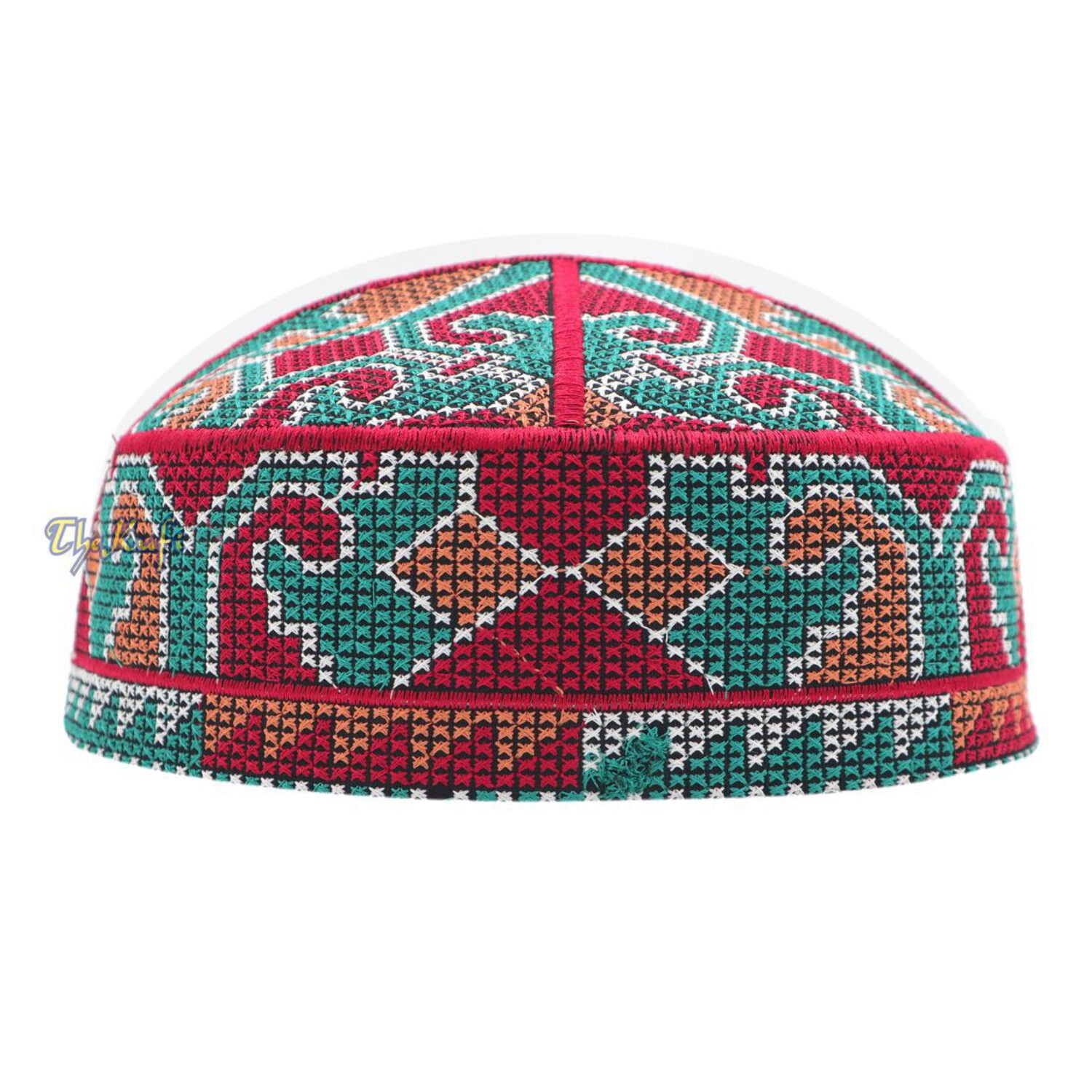Dark Red Turquoise Brown Haji Alay Motif Embroidery Pakistani Topi Kufi ...