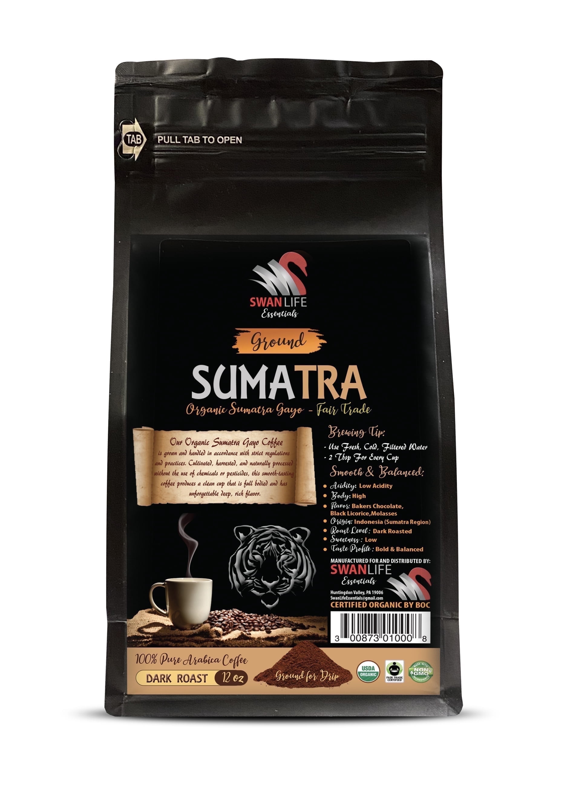 Swan Life Essentials Sumatra Ground Organic Coffee, High Caffeine, Dark ...