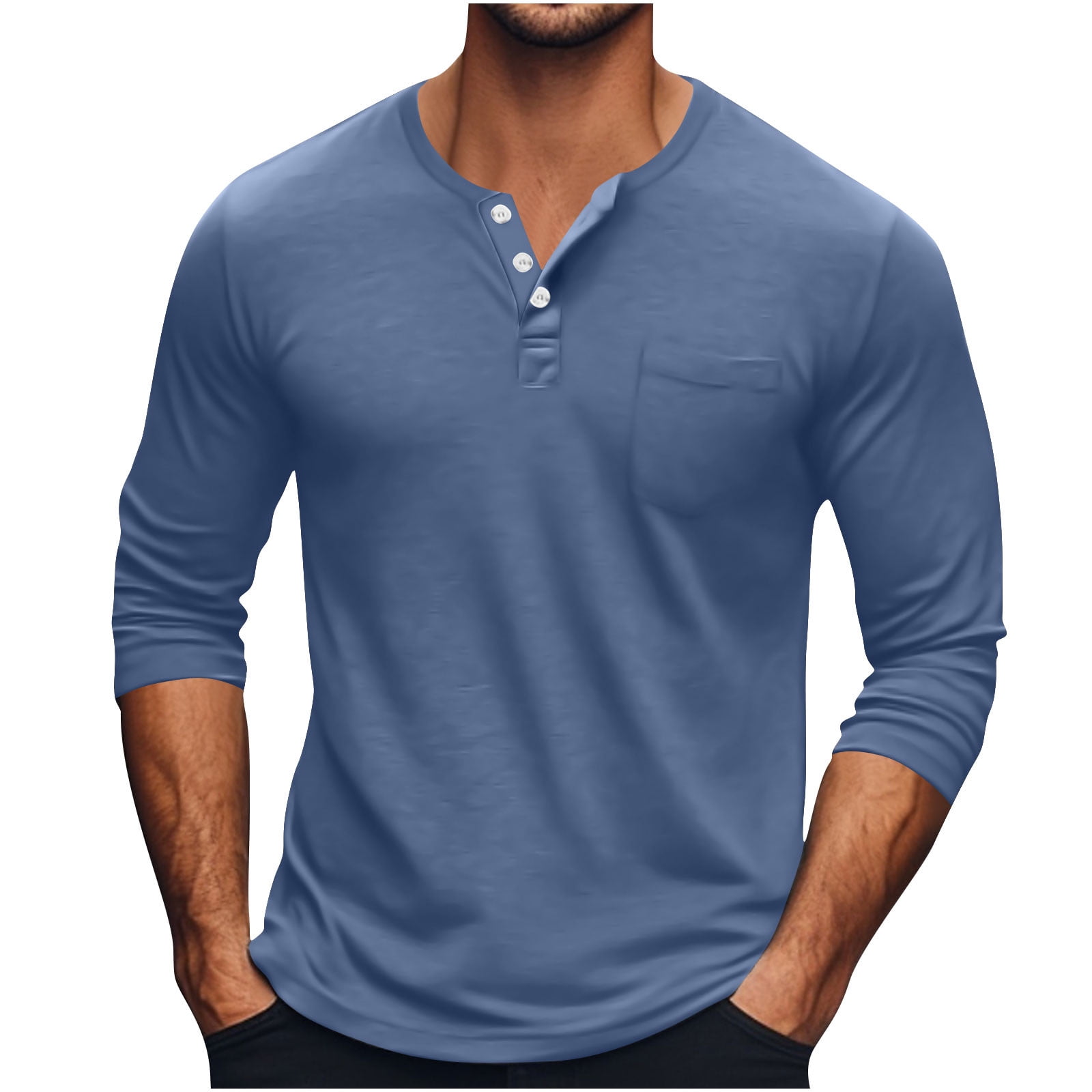 Dark Royal Blue Crew Henley Neck Spandex Tops for Mens Fall Summer Long ...