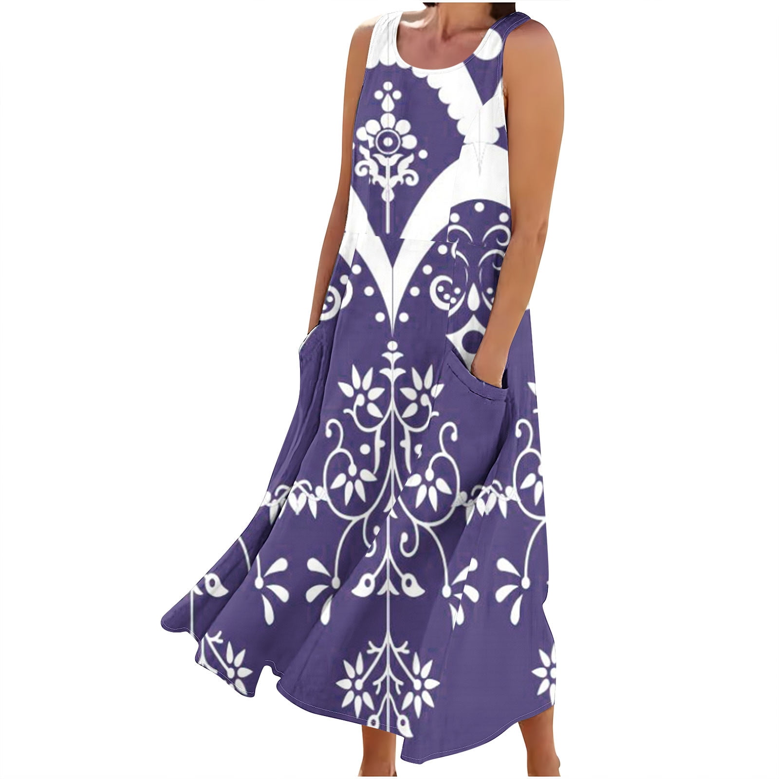 Dark Royal Blue Juniors Sleeveless Dress for Women Crewneck Faux Linen ...