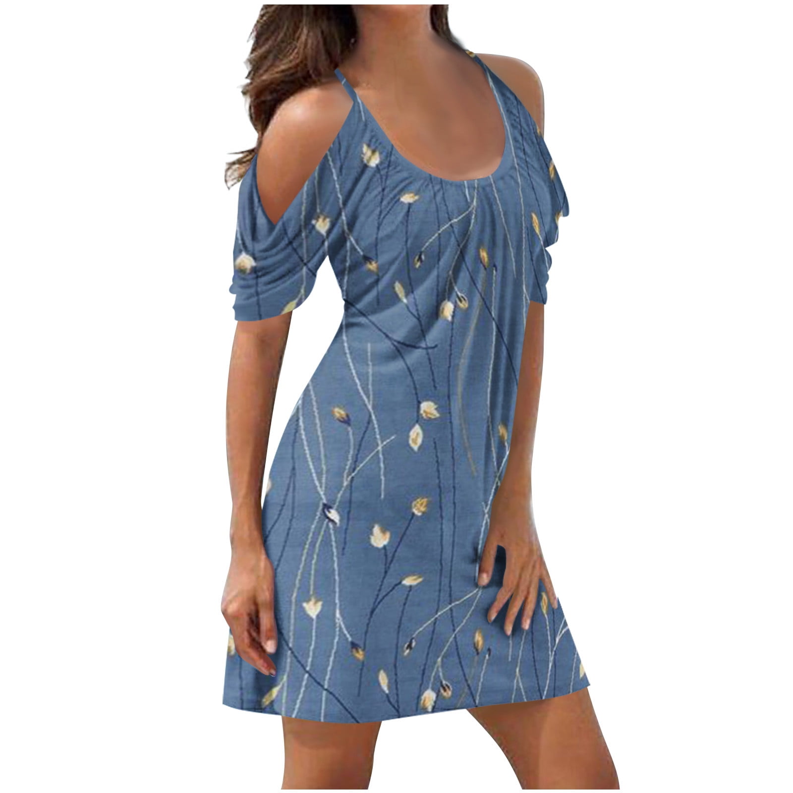Dark Royal Blue Ladies Short Sleeve Cold Shoulder Floral Print Dress ...