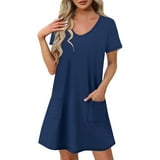 Dark Royal Blue Short Sleeve for Ladies Summer Fall V Neck Spandex Midi ...