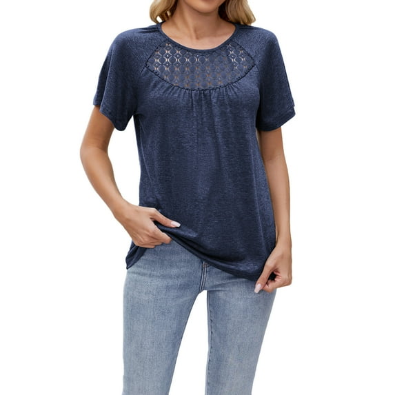 Dark Royal Blue Tops for Ladies Fall Summer Short Sleeve Crew Neck Lace ...