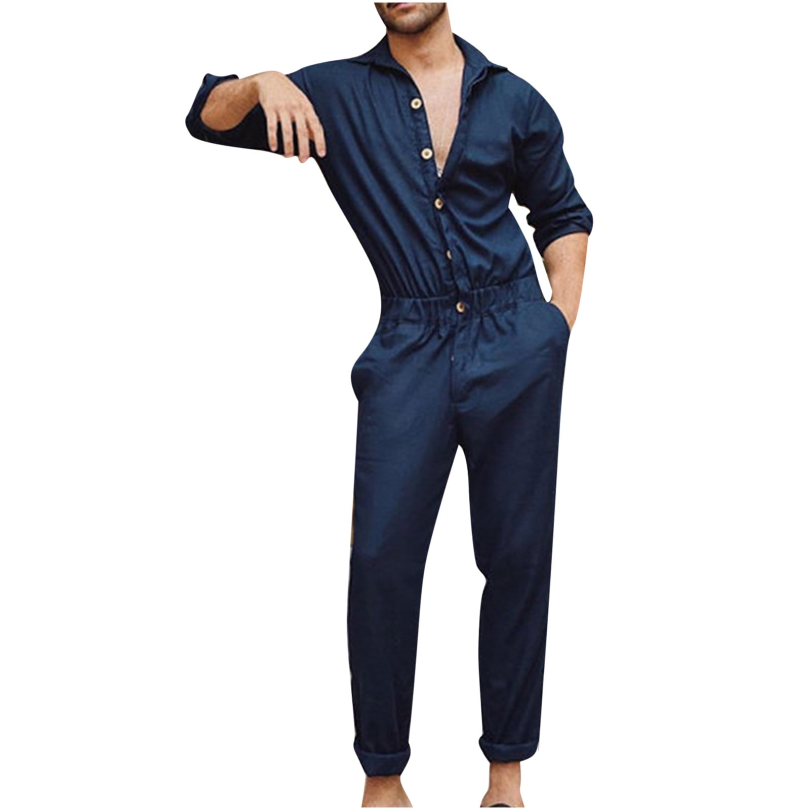 Dark Royal Blue Wild Cargo Button Coveralls for Man Summer Fall Loose ...