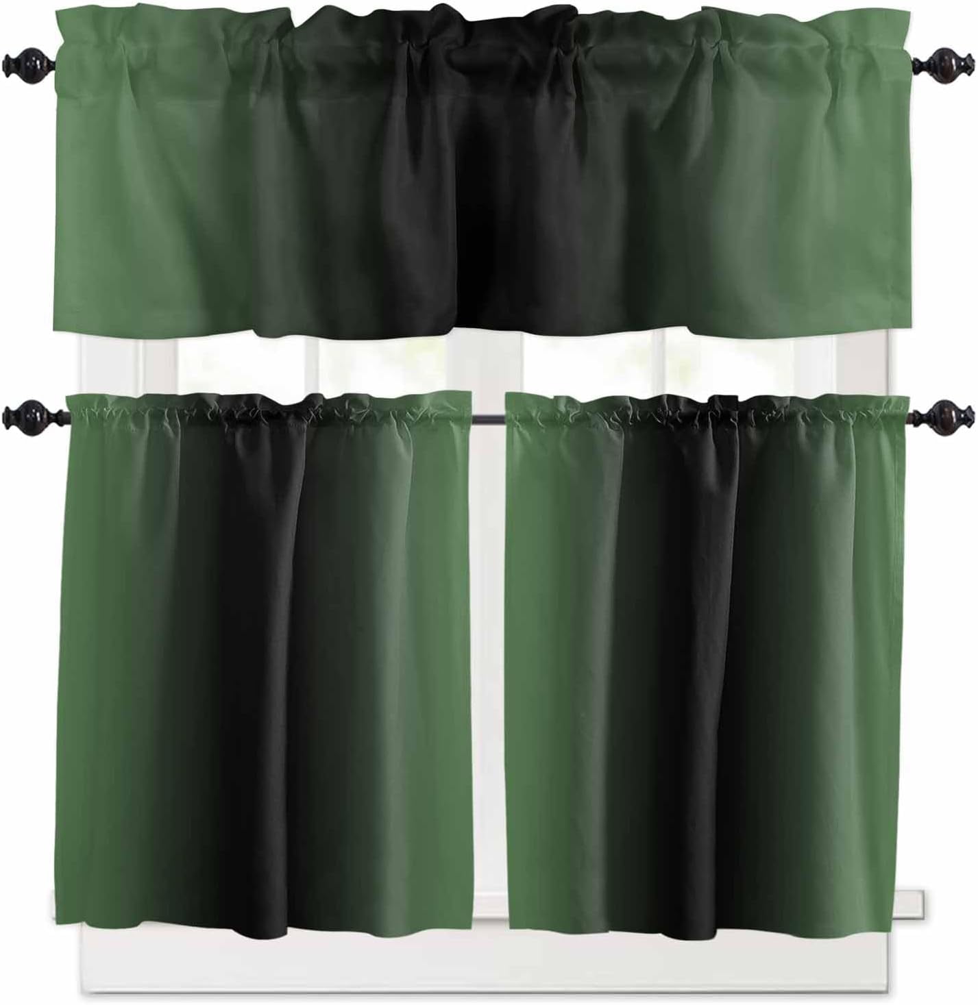 Dark Sage Green Black Ombre Kitchen Curtains and Valances Set, Rod ...
