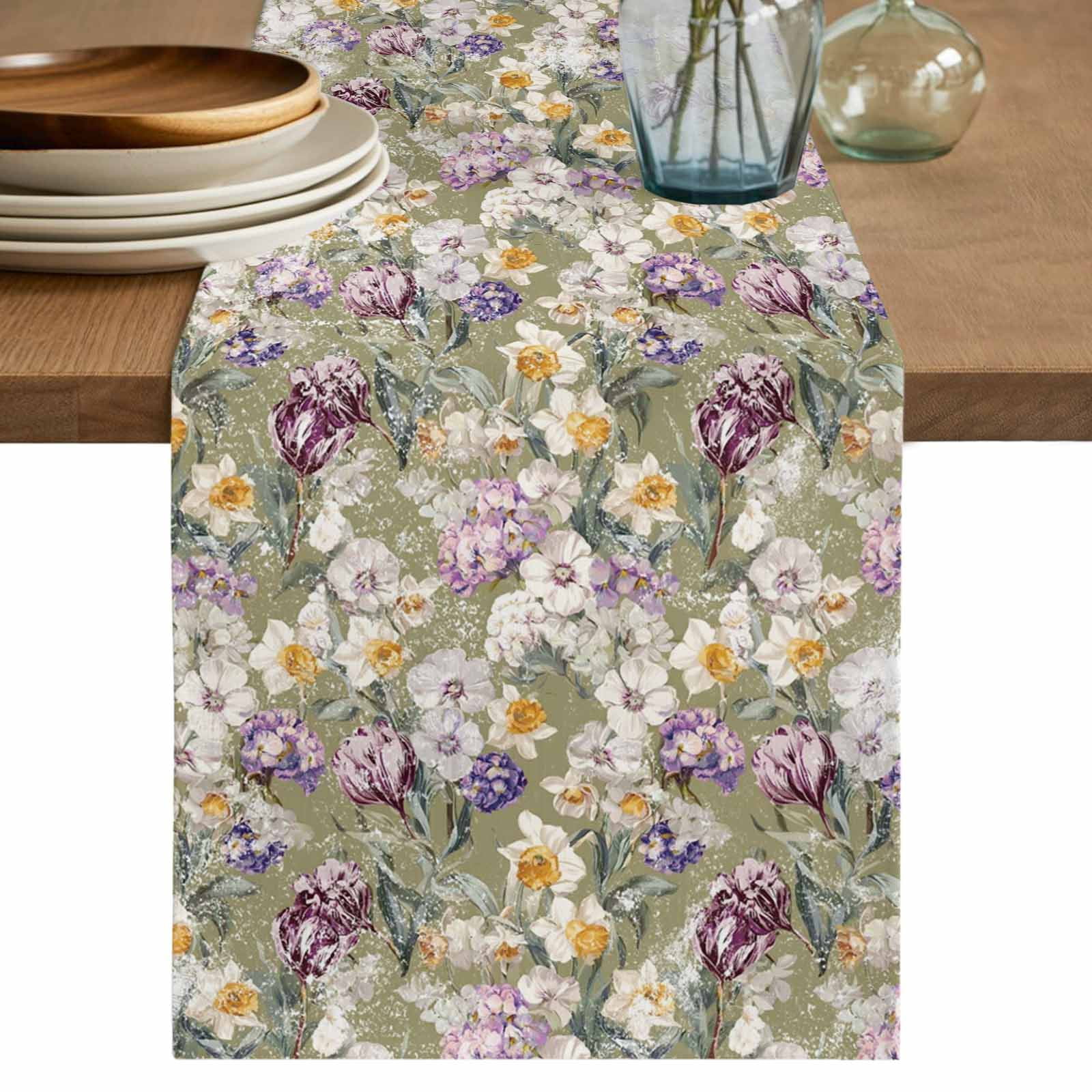 Dark Sage Green Botanical Cotton Linen Table Runner for Dining Kitchen ...