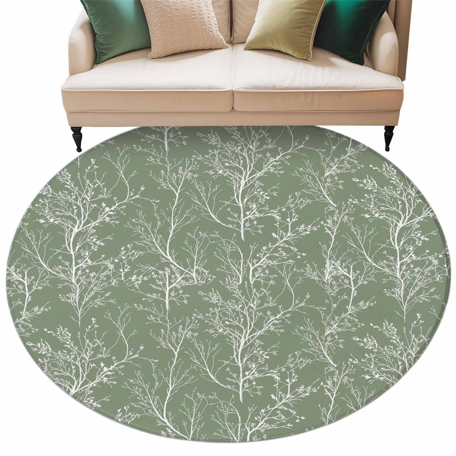 Dark Sage Green Botanical Round Rug 6ft Washable Circle Kitchen Rugs ...