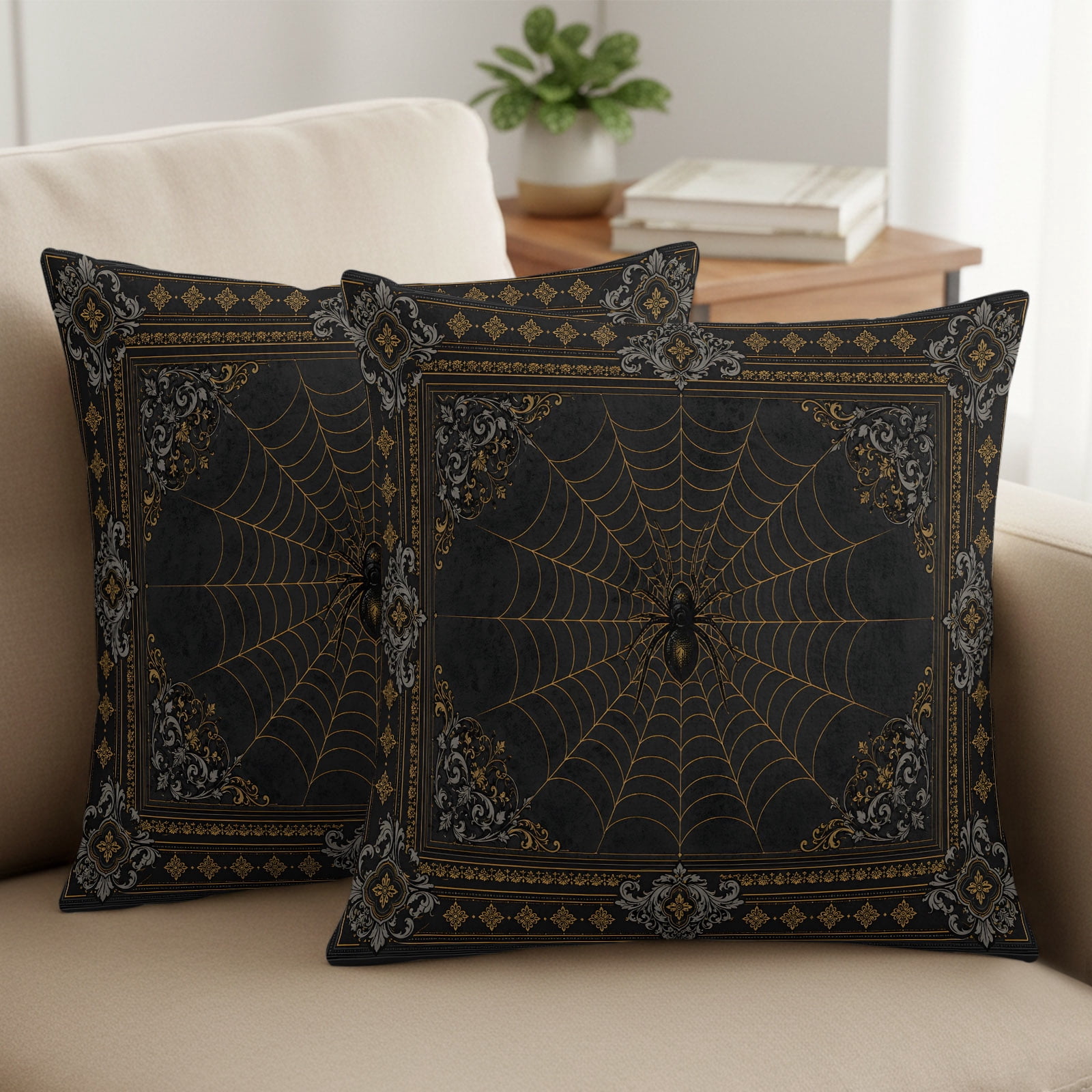 Dark Spiders Pillow Covers Set of 2, Vintage Brown Web Insects Damask ...