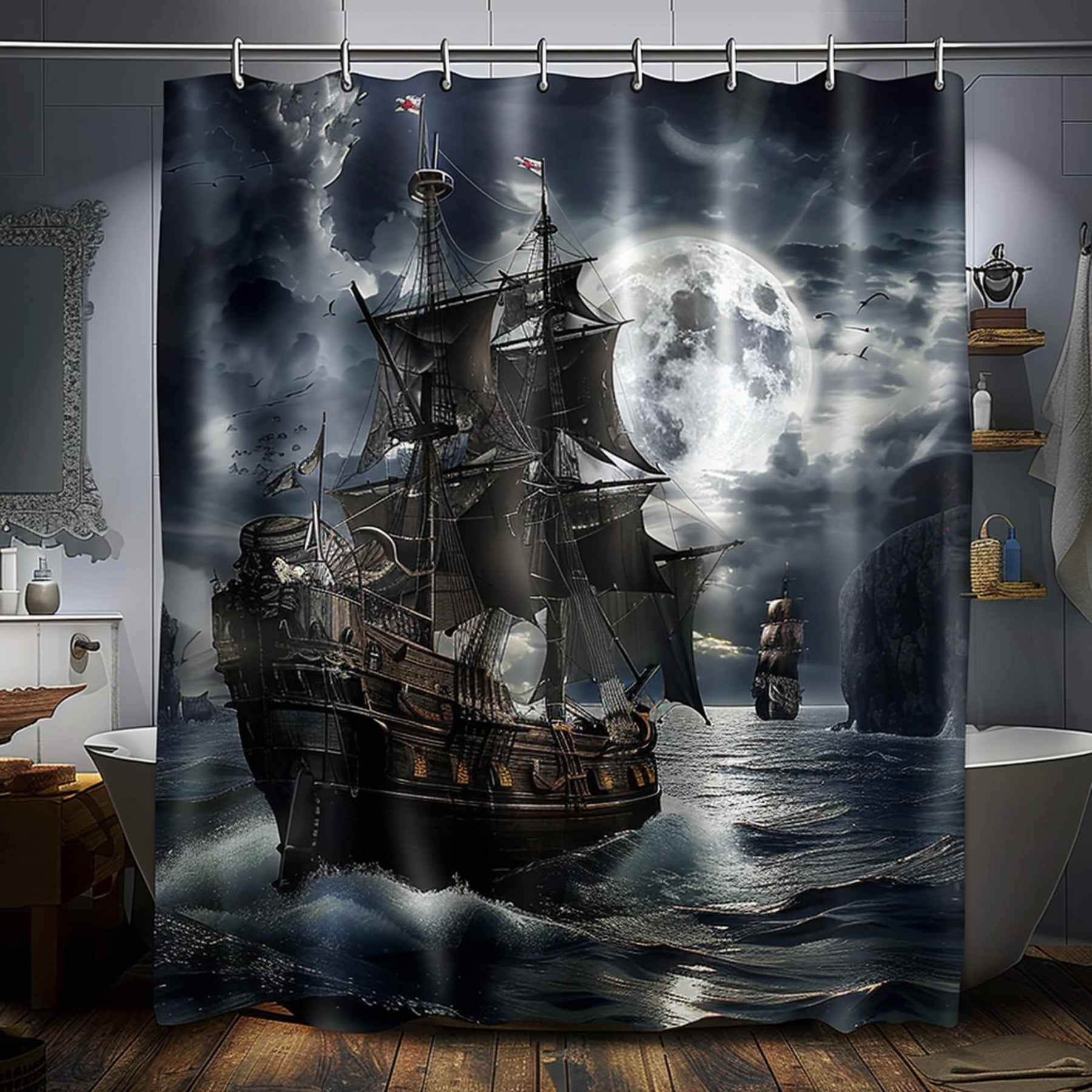Dark Stormy Seas Ship Bathroom Curtain Fantasy Design Hyper Realistic ...
