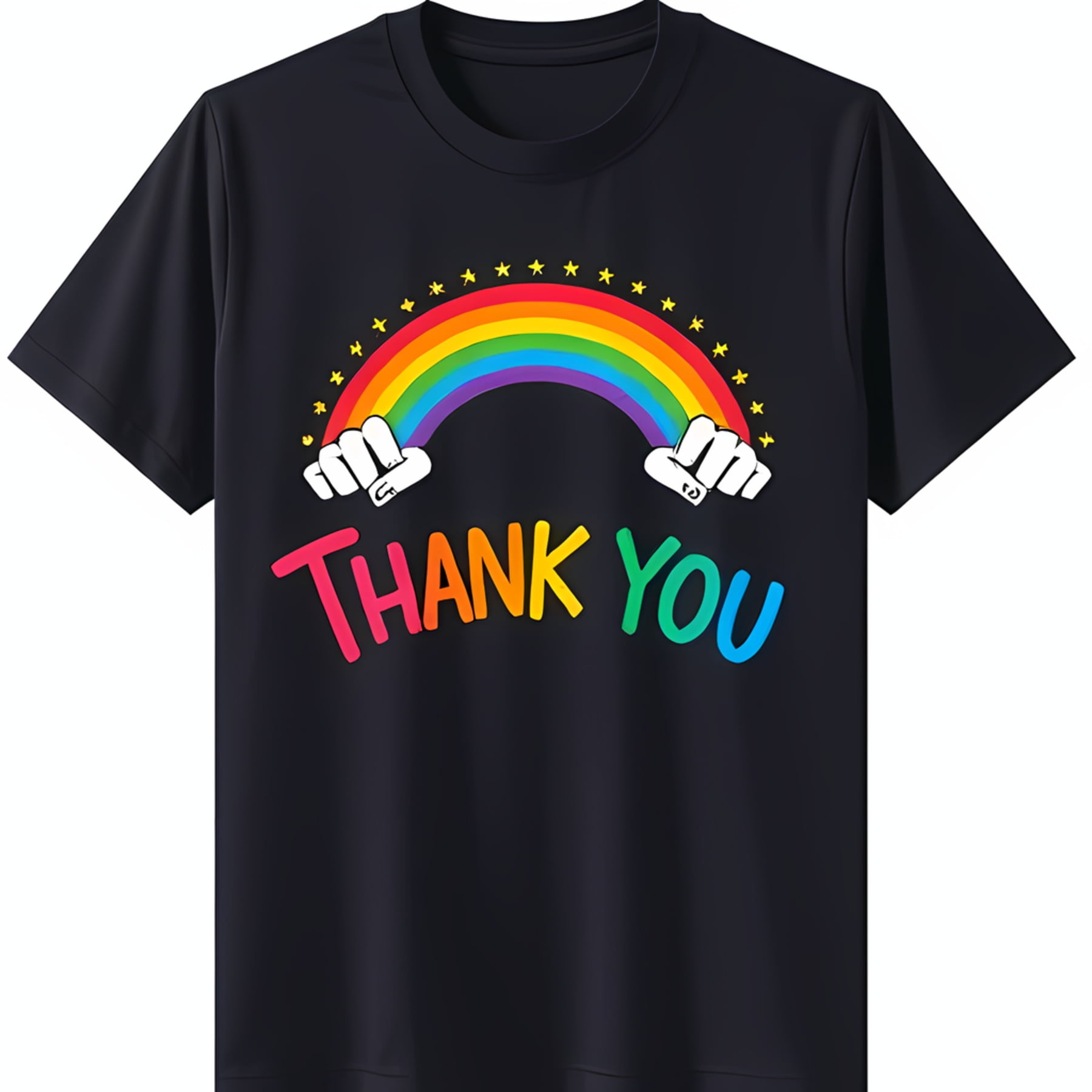 Dark T-Shirt with Rainbow & 'Thank You' Graphic Fists & Stars Design ...