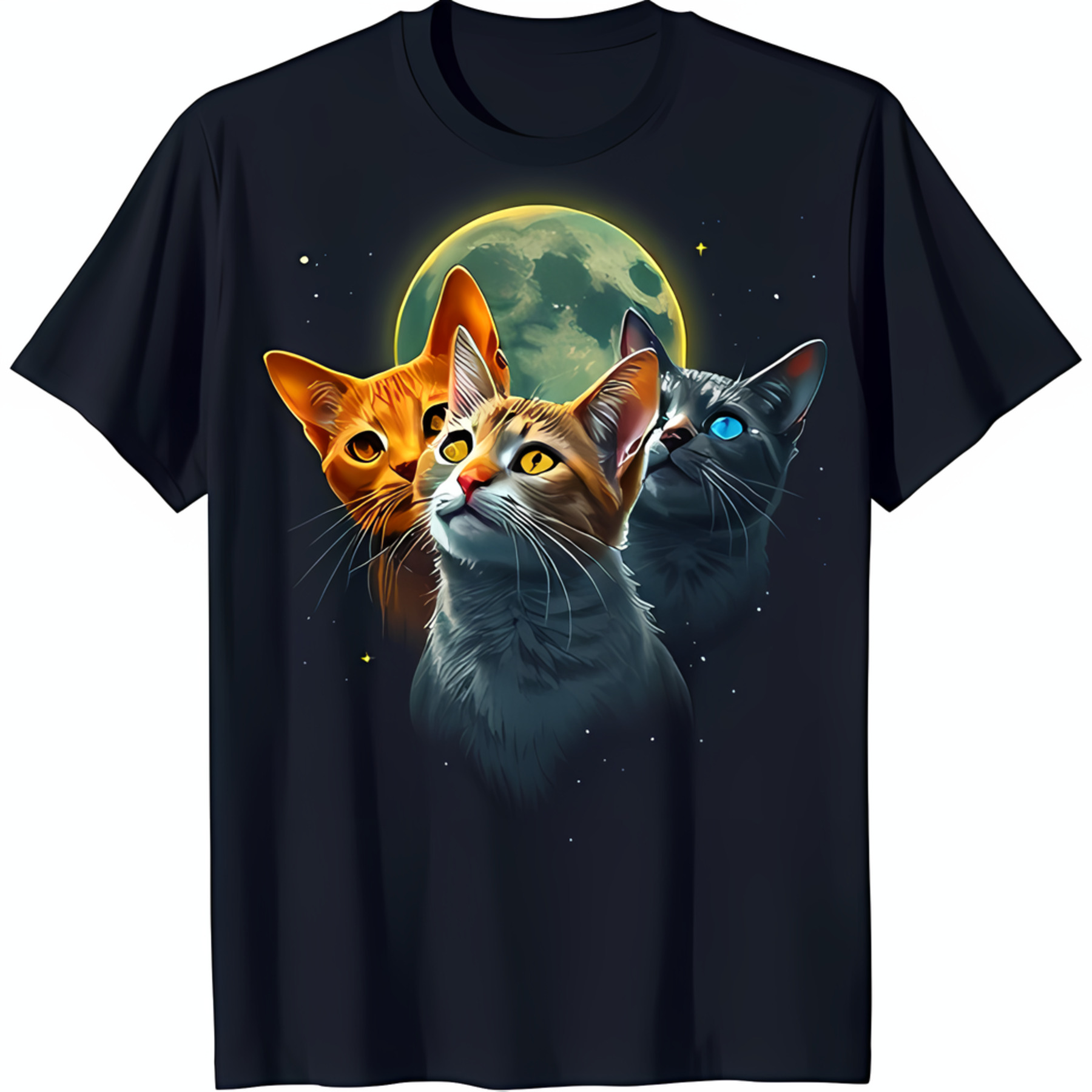 Dark T-Shirt with Triangular Cat Illustration & Full Moon Design for ...