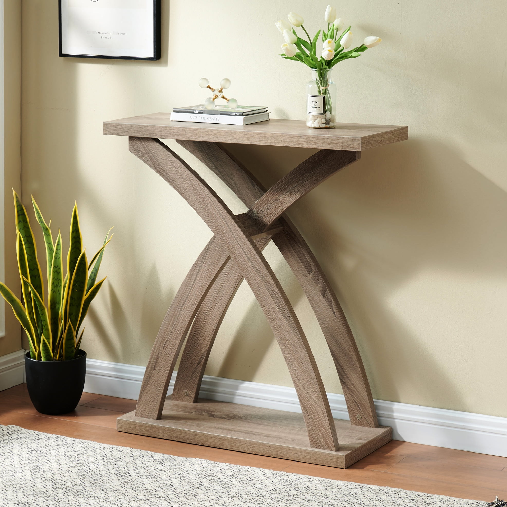 Dark Taupe Color Console Table With Strong Leg And Shelf For Hallway ...