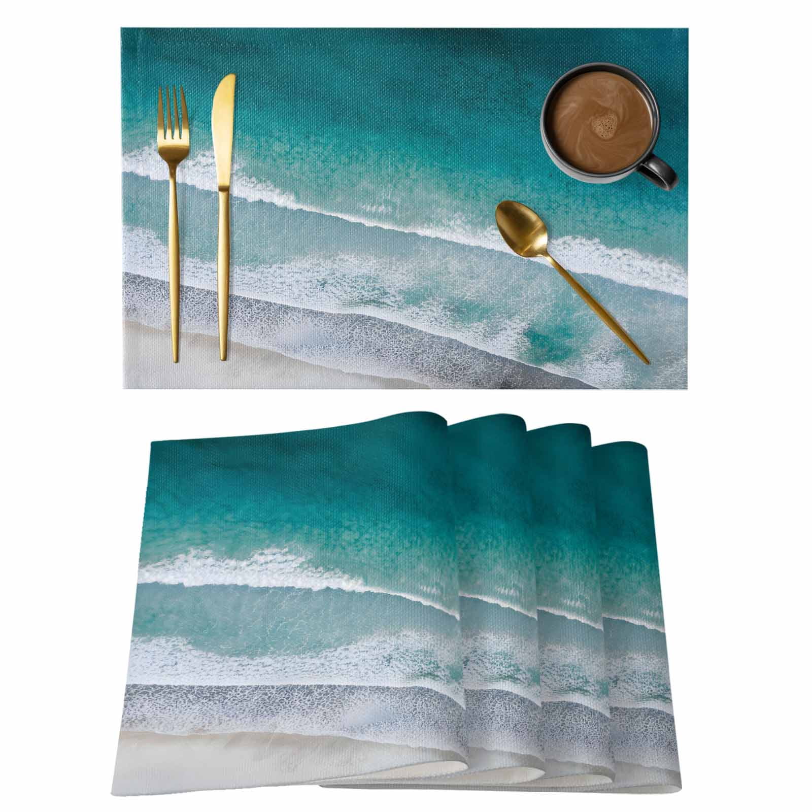 Dark Teal Beach Placemats Set of 6 Summer Sea Waves Coastal Nautical ...