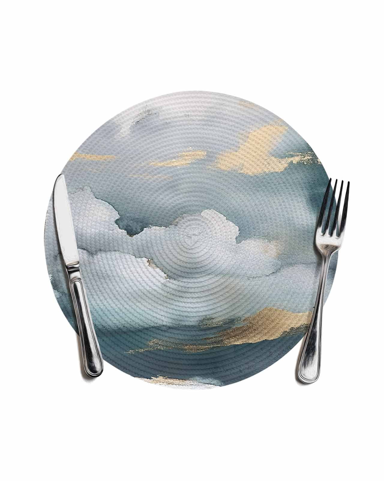 Dark Teal Blue Textured Round Table Placemats 1 pc, Watercolor Abstract ...