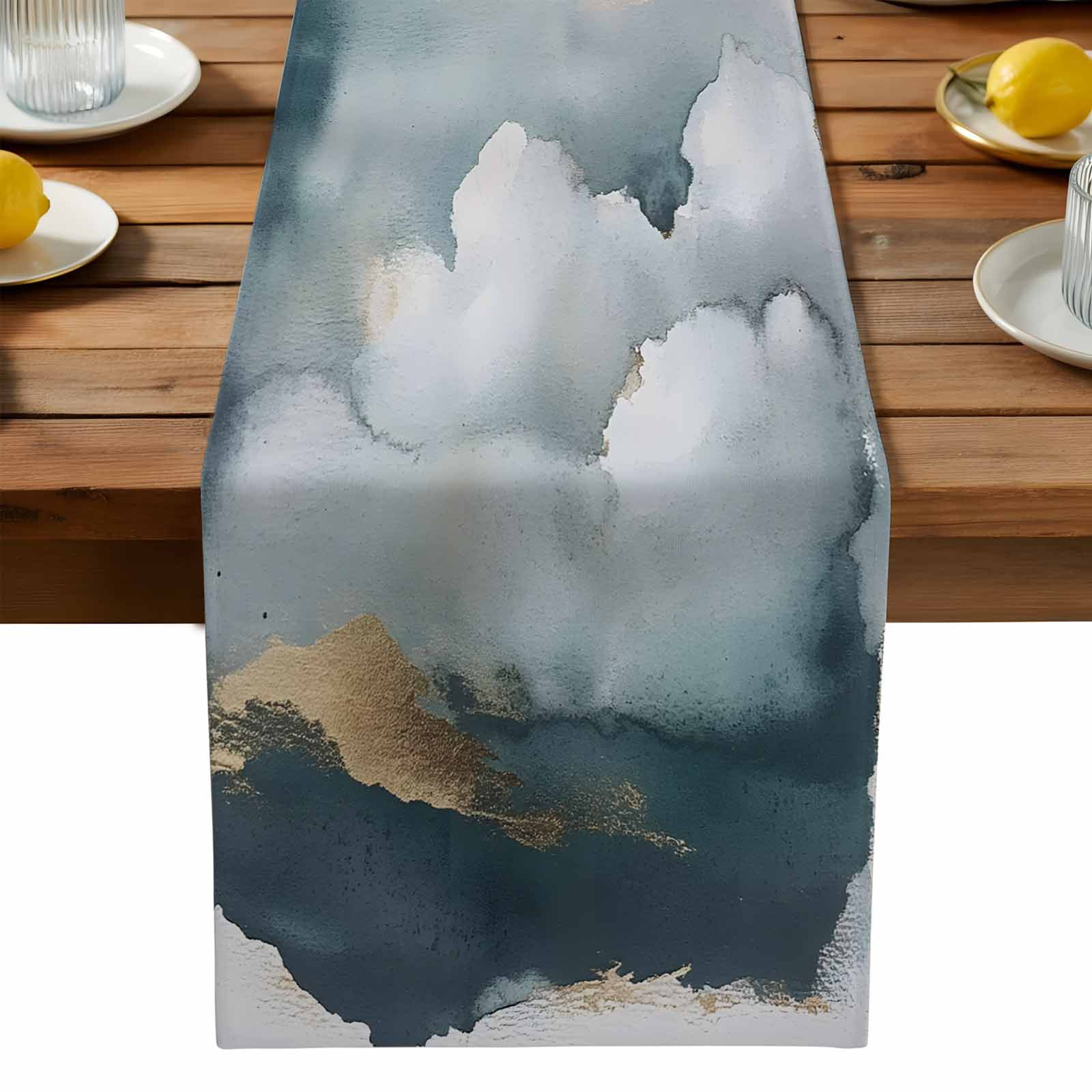 Dark Teal Blue Textured Table Runner, Watercolor Abstract Sky Modern ...