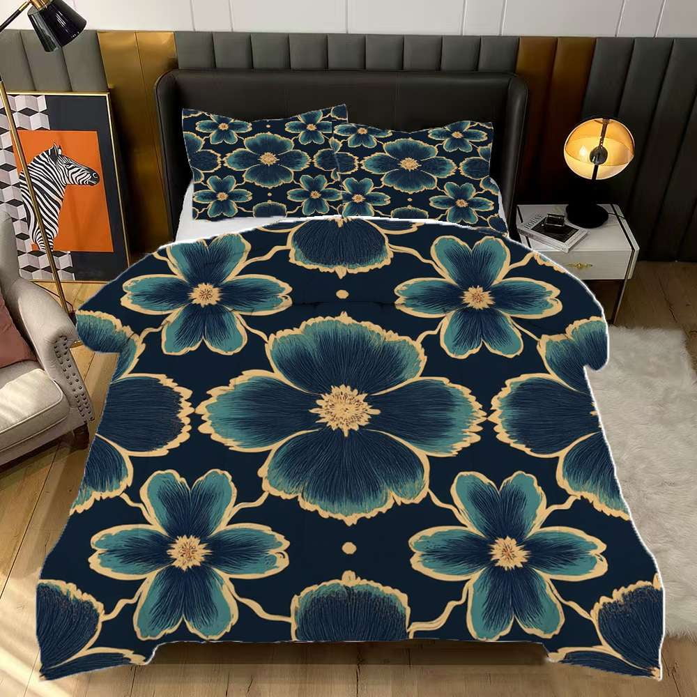 Dark Teal Floral Seamless Pattern Comforter Set Full Size Bedding Set ...