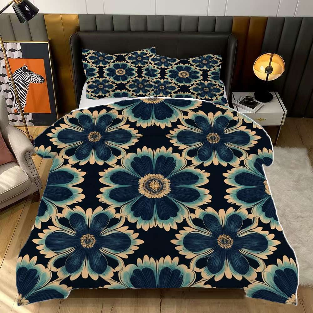 Dark Teal Floral Seamless Pattern Comforter Set Queen Size Bedding Set ...