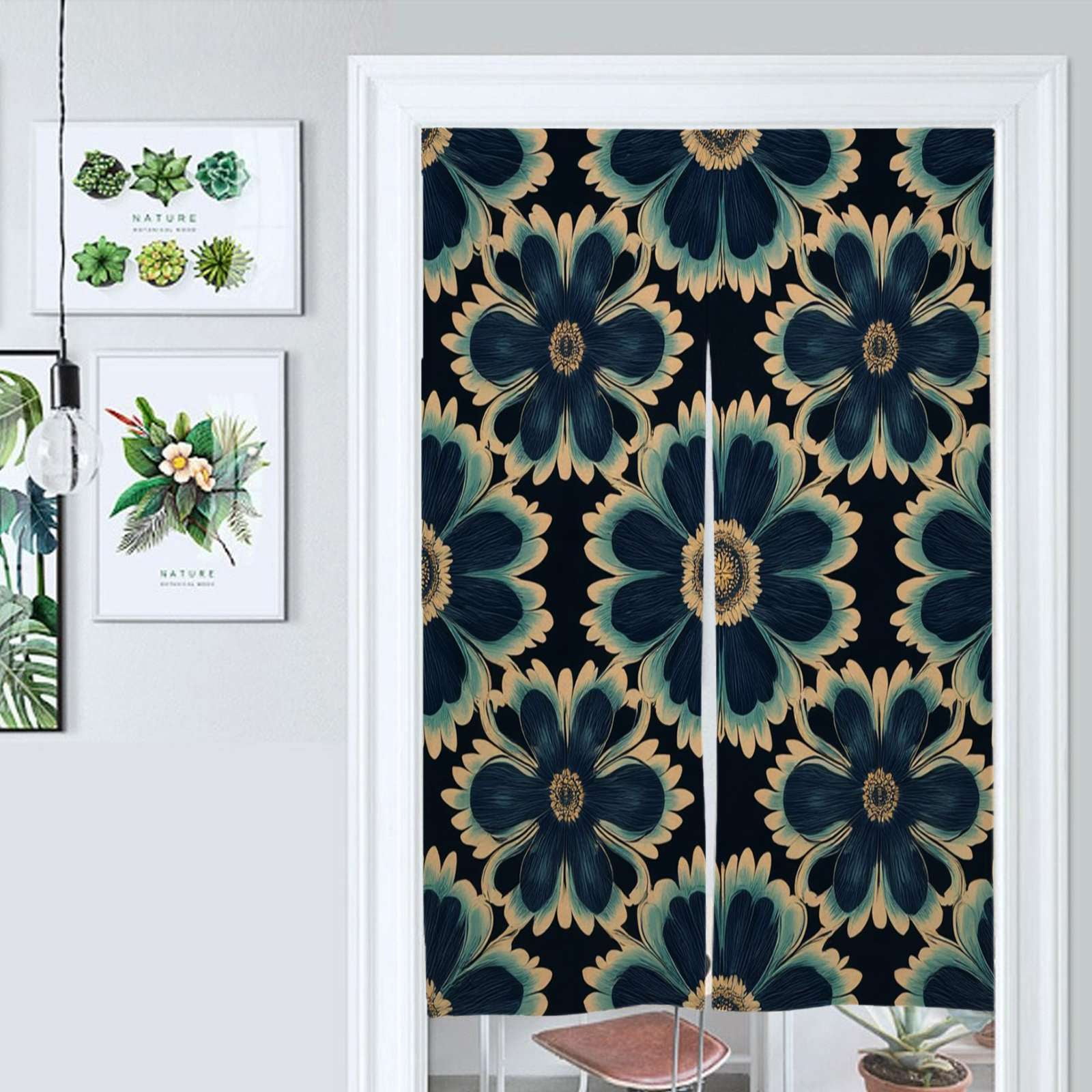 Dark Teal Floral Seamless Pattern Door Curtain Nordic Living Room ...