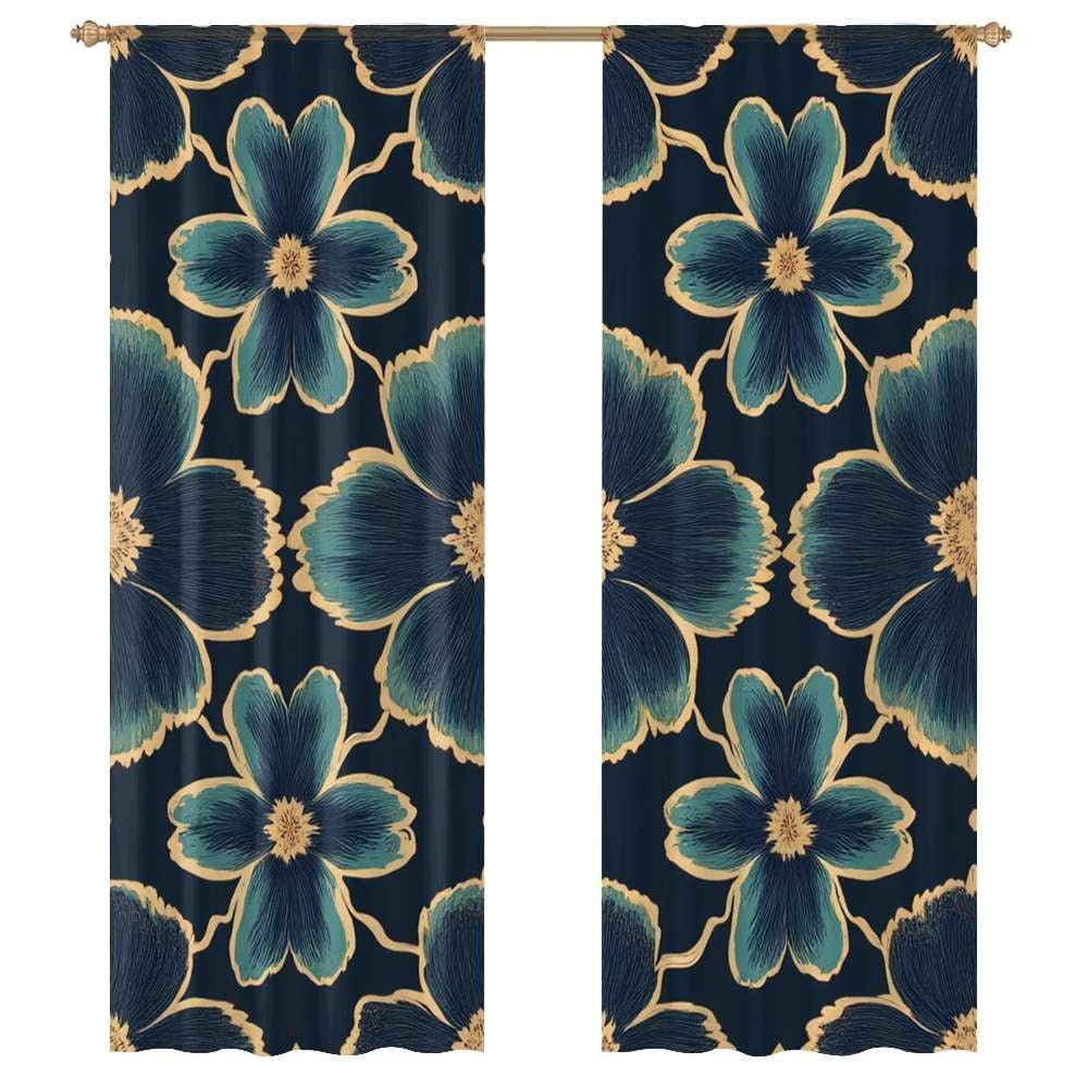 Dark Teal Floral Seamless Pattern Sheer Window Curtains for Living Room ...