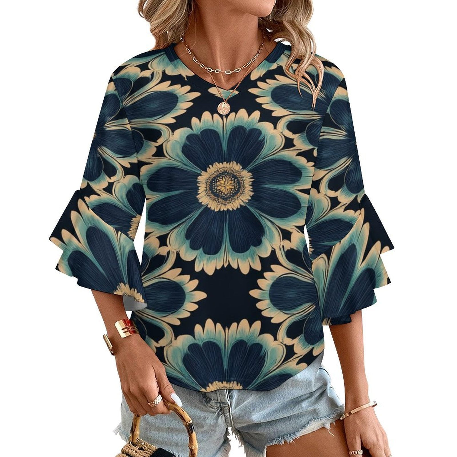 Dark Teal Floral Seamless Pattern Women's V-Neck Blouse With 3/4 ...