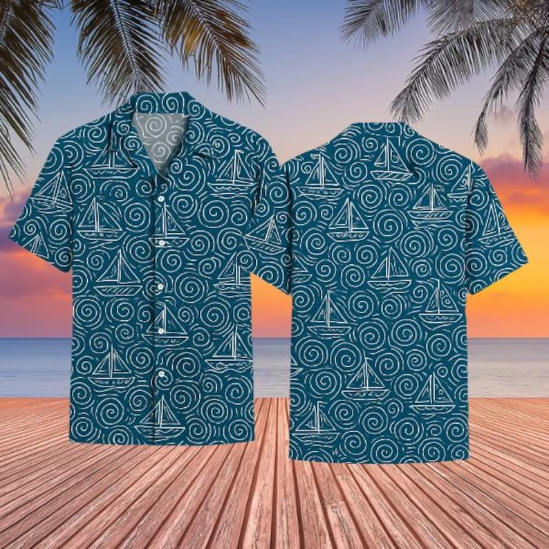 Dark Teal Hawaiian Shirt with White Sailboats Nautical Spirals, Unisex ...