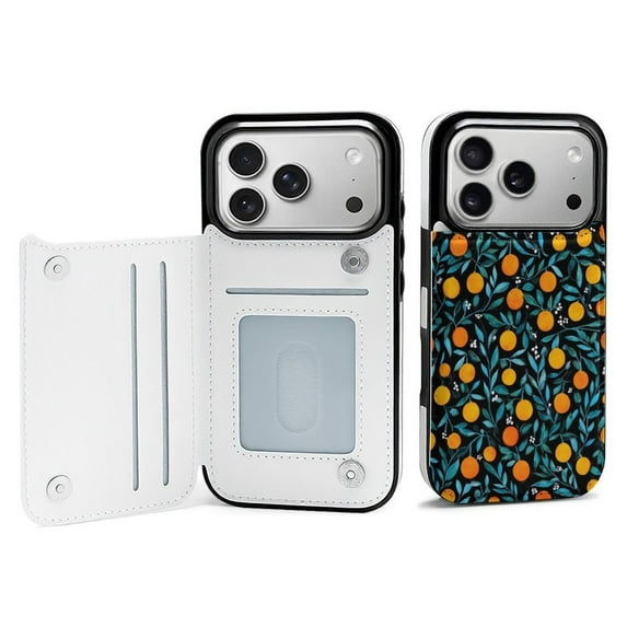 Dark Teal Oranges Leafy Pattern Leather Wallet Case for iPhone 14 Plus Wallet Case Card Holder ...